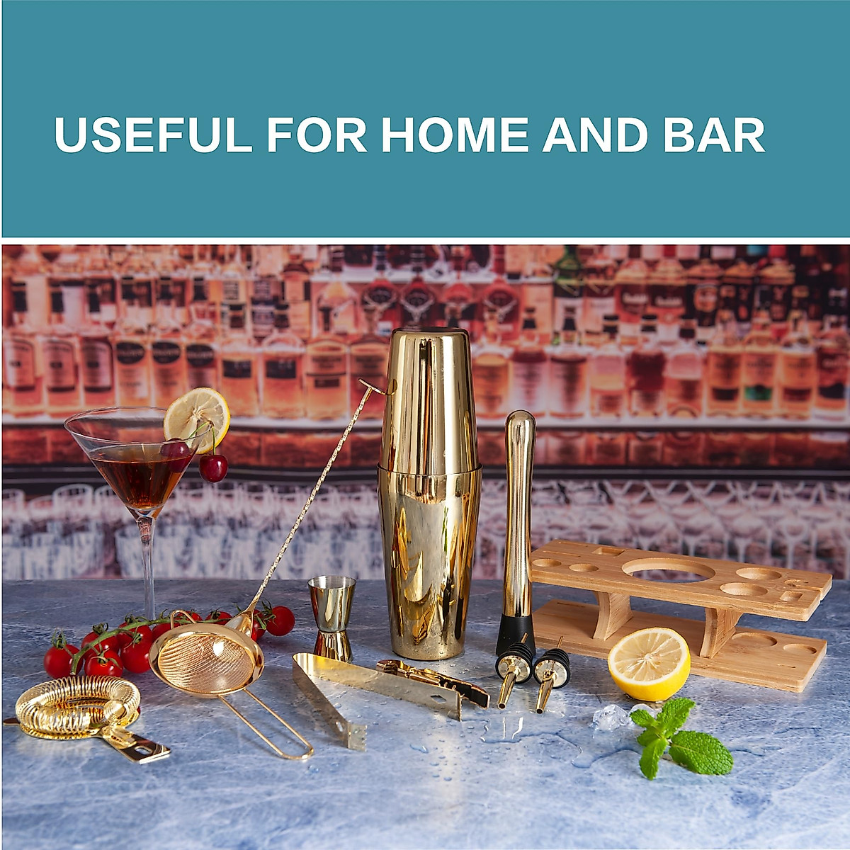 AUOXIOUYM 11-Pcs Cocktail Shaker Set Gold,Bartending Kit Stainless Steel Shakers 25oz Bar Kits for Bartender Mixing Set Barware Tool Sets for Professional Bartender and Home