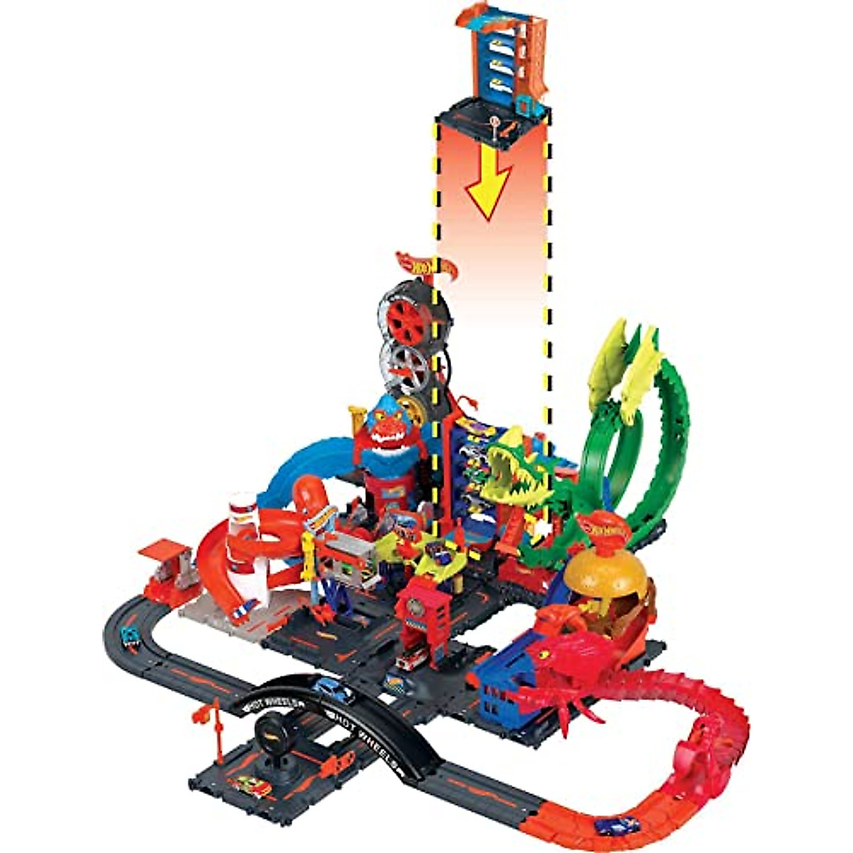 Hot Wheels City Toy Car Track Set Downtown Car Park Playset with 1:64 Scale Vehicle, 4 Levels, Working Lift & Exit Chute