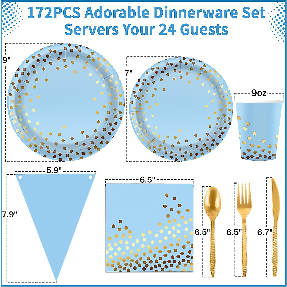 Blue Gold Party Supplies Foil Polka Dots Disposable Tableware Set Serves 24 Guests Star Foil Balloons Tablecloths Pennant Banners Plates for Birthday Wedding Baby Shower Party Graduation Decorations