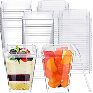 Square Clear Plastic Dessert Cups with Lids and Spoons Parfait Appetizer Cups for Tasting Party Desserts Appetizers Fruit Parfait Mousse Pudding (200 Pack, 4.5 oz)