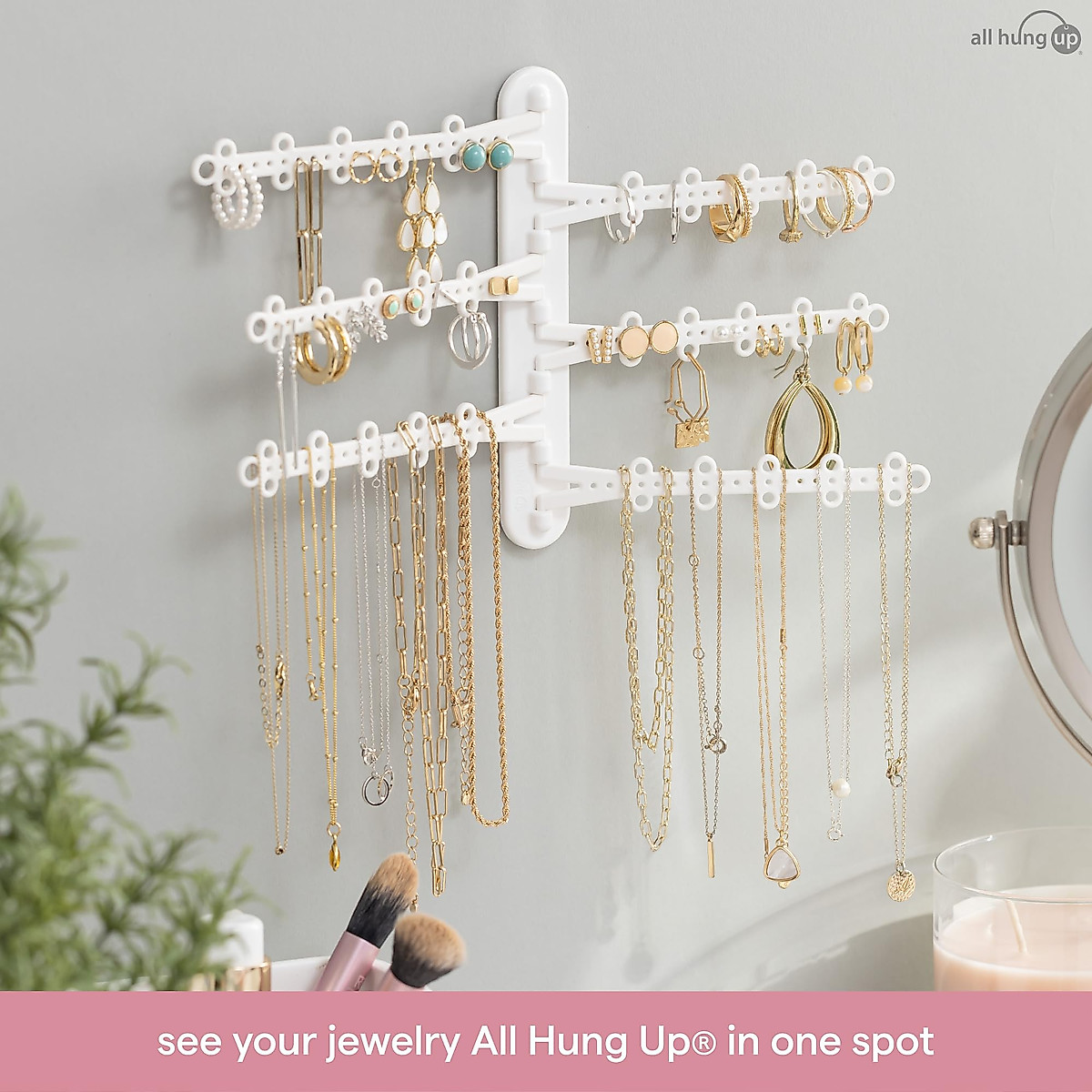 All Hung Up 6-Tier 6" Wall Jewelry Organizer, Command Strips included for Easy Hanging, 120 Hole Earring Organizer, Necklace Organizer, Bracelet Holder, Ring Holder, Rotating Branches, White