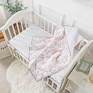 Soul & Lane 3-Piece Crib Bedding Set for Girls: Pink and Gray Quilt Blanket, Floral Fitted Crib Sheet, Changing Pad Cover, Floral Blush Pink and Grey Baby Girl Crib Bedding Set