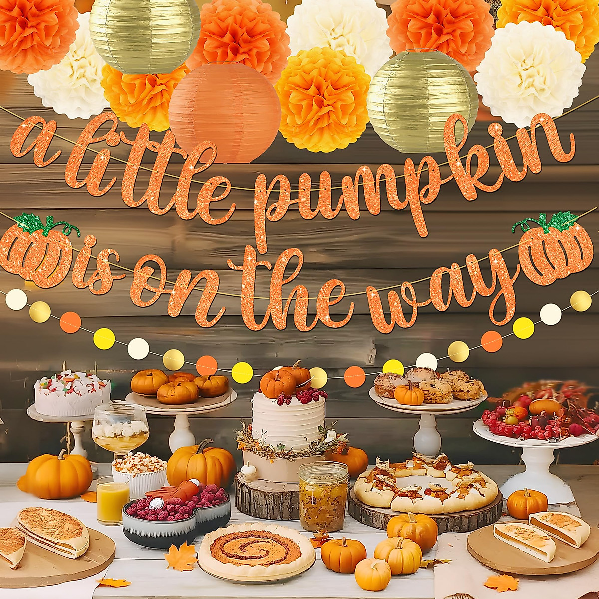 Kriyokiaa Little Pumpkin Baby Shower Decorations 14 Pcs Fall Baby Shower Decorations with A Little Pumpkin Is On The Way Banner, Tissue Pom-Poms, Paper Lantern