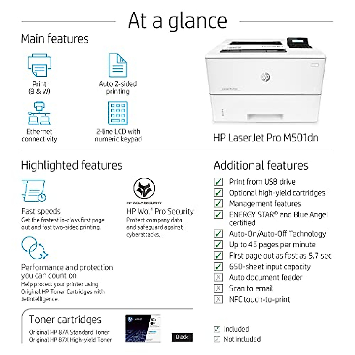 HP LaserJet Pro M501dn Monochrome Printer with built-in Ethernet & 2-sided printing (J8H61A)