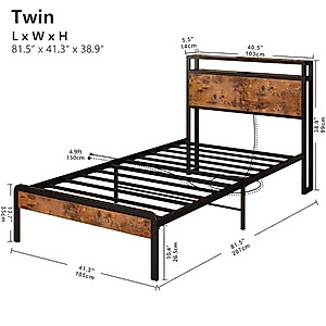 IRONCK Twin Bed Frames for Kids, Platform Bed with Storage Headboard and Charging Station, Heavy Duty Metal Slats, Noise Free, Easy Assembly, Vintage Brown