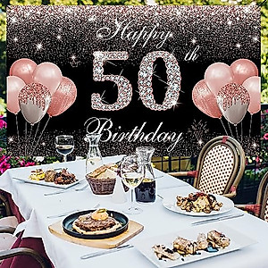 HTDZZI 50th Birthday Banner Backdrop, Happy 50th Birthday Decorations for Women Rose Gold, Fabulous 50 Year Old Birthday Party Yard Sign Photo Booth Props Background Decor Supplies, Fabric