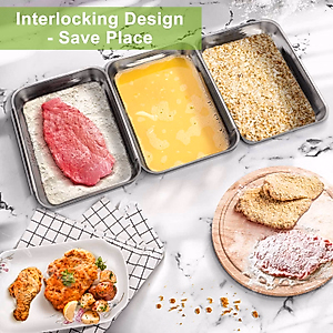 HULISEN Breading Trays Set of 3, Large Stainless Steel Breading Pans for Dredging Chicken Breasts and Marinating Meat, Interlocking Food Prep Trays for Coating Fish and Breadcrumb Dishes, Oven Safe