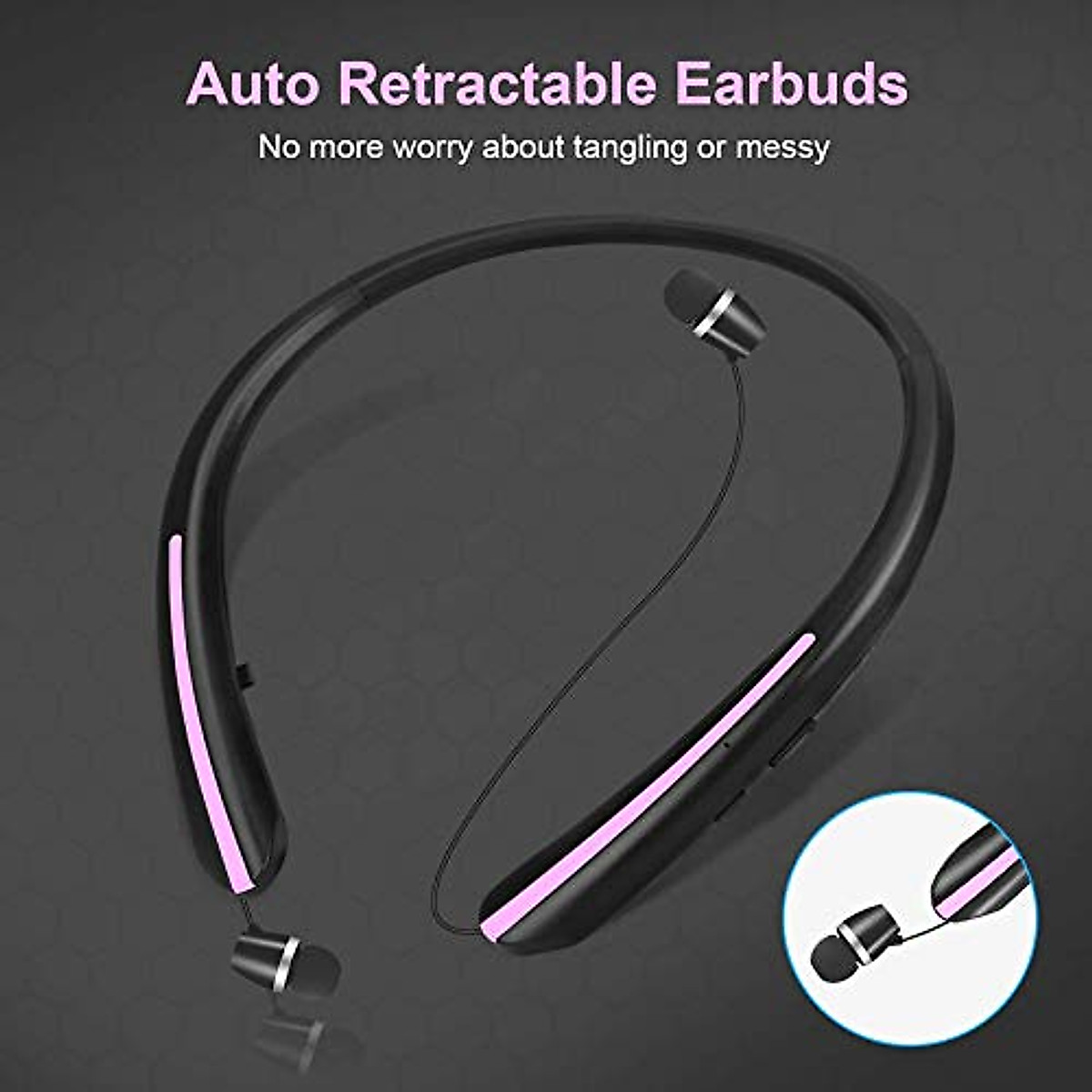 TTSTR Retractable Earbuds Wireless Headset Neckband Sports Noise Cancelling Bluetooth Headphones Stereo Earphones with Mic,Pink