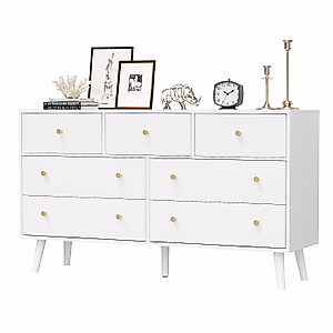 HOUROM White Dresser for Bedroom, Dresser with 7 Drawers, Wood Dressers & Chests of Drawers, Modern Double Dresser with Wide Drawer and Metal Handles