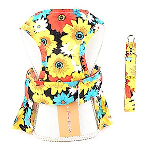 SMALLLEE_LUCKY_STORE Dog Floral Harness Dress with Leash Set,Bow Puppy Princess Dress for Small Medium Dog Cat Girls Adjustable Pet Skirt with D-Ring Female Dog Clothes Summer Apparel,Orange,L