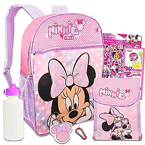 Disney Minnie Mouse Backpack For Girls, Kids ~ 5 Pc Bundle With 16" Minnie School Bag, Water Bottle And Stickers | Minnie Mouse School Supplies.