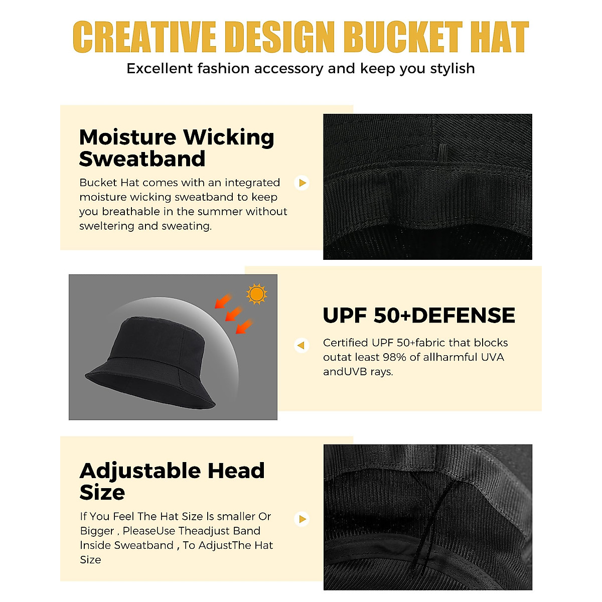 Unisex Bucket Hat for Women Men Cotton Summer Sun Beach Hat, Denim Packable Fisherman Cap for Casual, Trips, Sports, Black, M/L