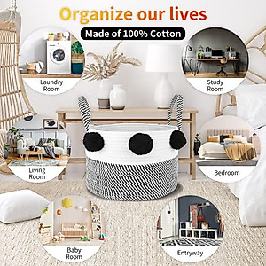 QDSTCKJ Cotton Rope Storage Basket 15" x 15" x 8.5", Woven Laundry Basket with Handles and Pom-poms, Blanket Basket Living Room, Storage Basket for Organizing, Toy Basket, Black and White.