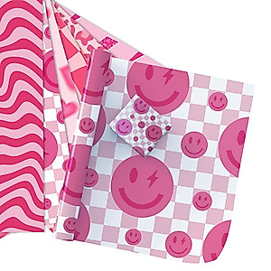 Lide Road Preppy Wrapping Paper Set, 12 Sheets Preppy Pink Smile Face Gift Wrapping Paper Pig Birthday Party Supplies for Preppy Y2k Female Bachelorette Party Decorations 20'' x 27''