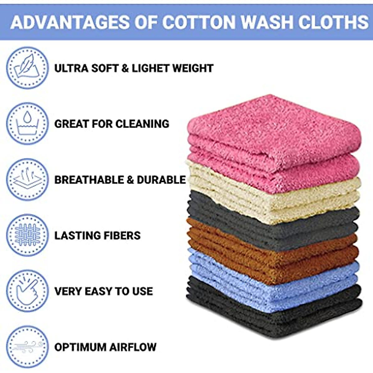 QUBA LINEN Wash Cloth Set - Pack of 24, 100% Cotton - Flannel Face Cloths, Highly Absorbent and Soft Feel Fingertip Towels (12x12 Pack of 24)