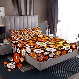 60S 70S Groovy Sheet Set Kids Retro Hippie Flower Sheets with Deep Pocket Fitted Sheet Vintage Boho Plant Floral Bed Sheets Set Botanical Blossom Brown Bedding Set Twin Size
