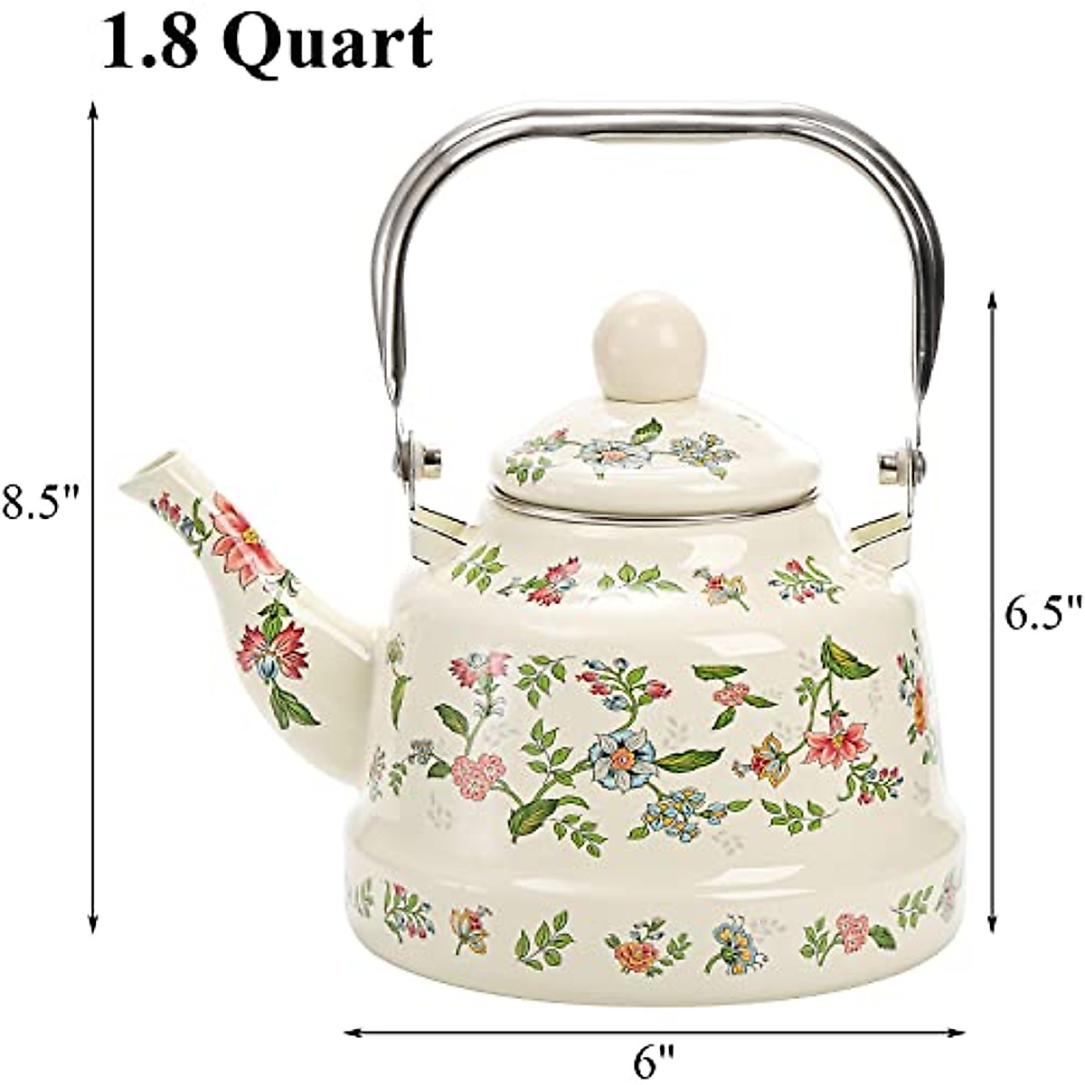 Jucoan 1.8 Quart Enamel Tea Kettle, Vintage Green Floral Enamel on Steel Teapot Water Kettle with Filter and Cool Grip Stainless Steel Handle for Stovetop Induction Gas, No Whistling Teakettle