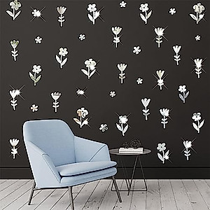 3D Flower Mirror Wall Sticker Floral Wall Stickers for Girls Bedroom Removable Silver Acrylic Mirror Wall Stickers Peel and Stick Wall Decals Art Mural for Living Room Bathroom Classroom Decor