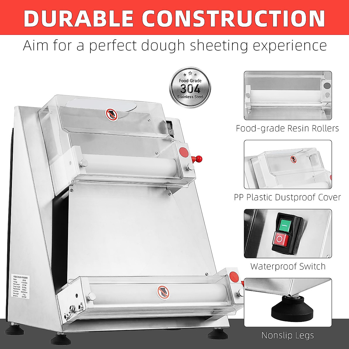 CHEINAUTO 01 Commercial Pizza Dough Roller Sheeter, 24.8 x 20.8 x 9.8 inches, Silver