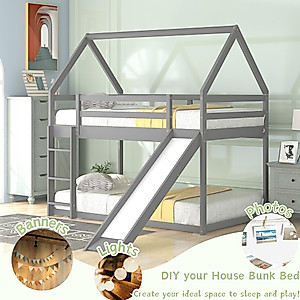 Harper & Bright Designs Twin Bunk Beds for Kids,Wood House Bunk Bed Twin Over Twin,Kids Bunk Bed with Slide and Roof for Girls Boys,Grey