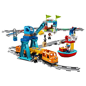LEGO DUPLO Town Cargo Train Set - Push & Go Motor Train Toy for Toddlers - Preschool Learning Toy for Boys & Girls Ages 2-5, Includes Sound & Light, Moving Crane - Gift for Birthdays - 10875