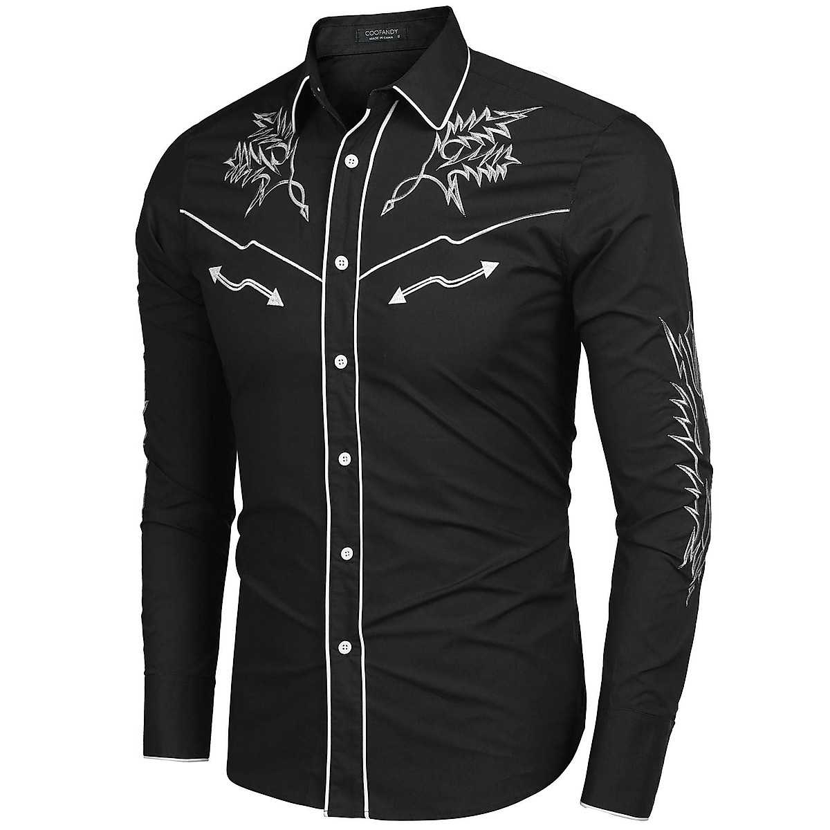 COOFANDY Men's Long Sleeve Embroidered Shirt Casual Slim Fit Button Down Western Shirts ,Black ,Medium