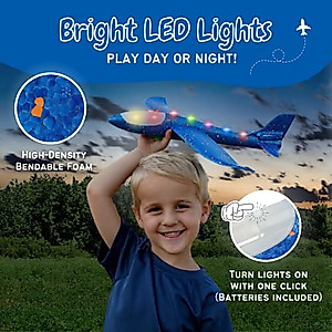 Toy Airplane Launcher - Outdoor Games - 4 Pack 17.5 Foam Glider Planes + 2 Launchers + 4 Sets of Stickers - LED Lights - Throwing Toys for Kids - Red & Blue Flying Toys – 4 5 6 7 8 Year Old Boys Girls