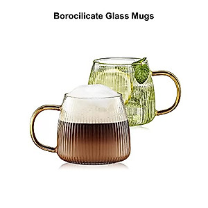 ZHMTang Premium Unique Glass Coffee Mugs Set of 2 Fancy Cups with Stylish Vertical Stripes Pattern - Light Yellow Handle (Clear)