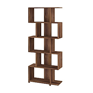 Manhattan Comfort Petrolina Bookshelf with 5 Zig-Zag Cubbies & Open Shelves, Unique Mid Century Modern Bookcase, Ideal for Living Room, Office, Bedroom, Display Ornaments, Trophies, Photos, Nut Brown