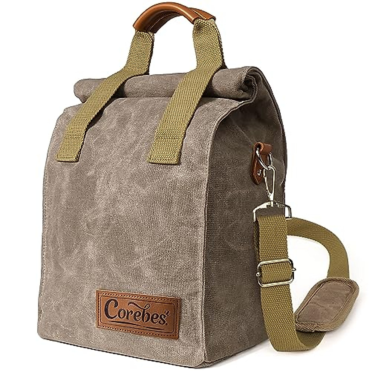 Corebes Insulated Lunch Bag for Men/Women, 11L Waxed Canvas Lunch Box with Adjustable Shoulder Strap & Double Hook-and-Loop Handles for Work Picnic Hiking