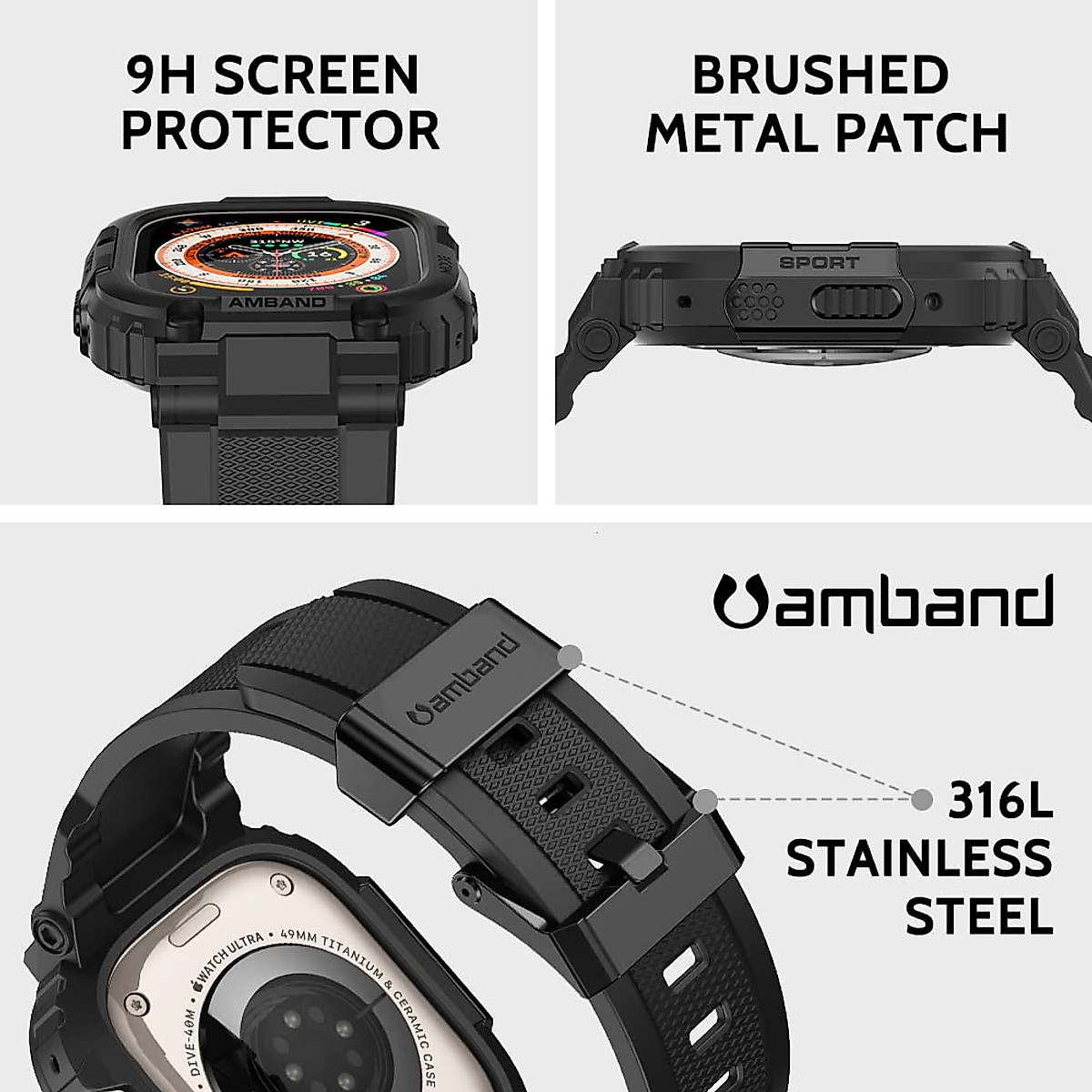 amBand Bands Case Screen Protector Compatible with Apple Watch Ultra 2/1 49mm for Men, M1 Sport Series Rugged Cover Strap and 9H Tempered Glass, Military Protective Bumper for iWatch 49 mm Men Black