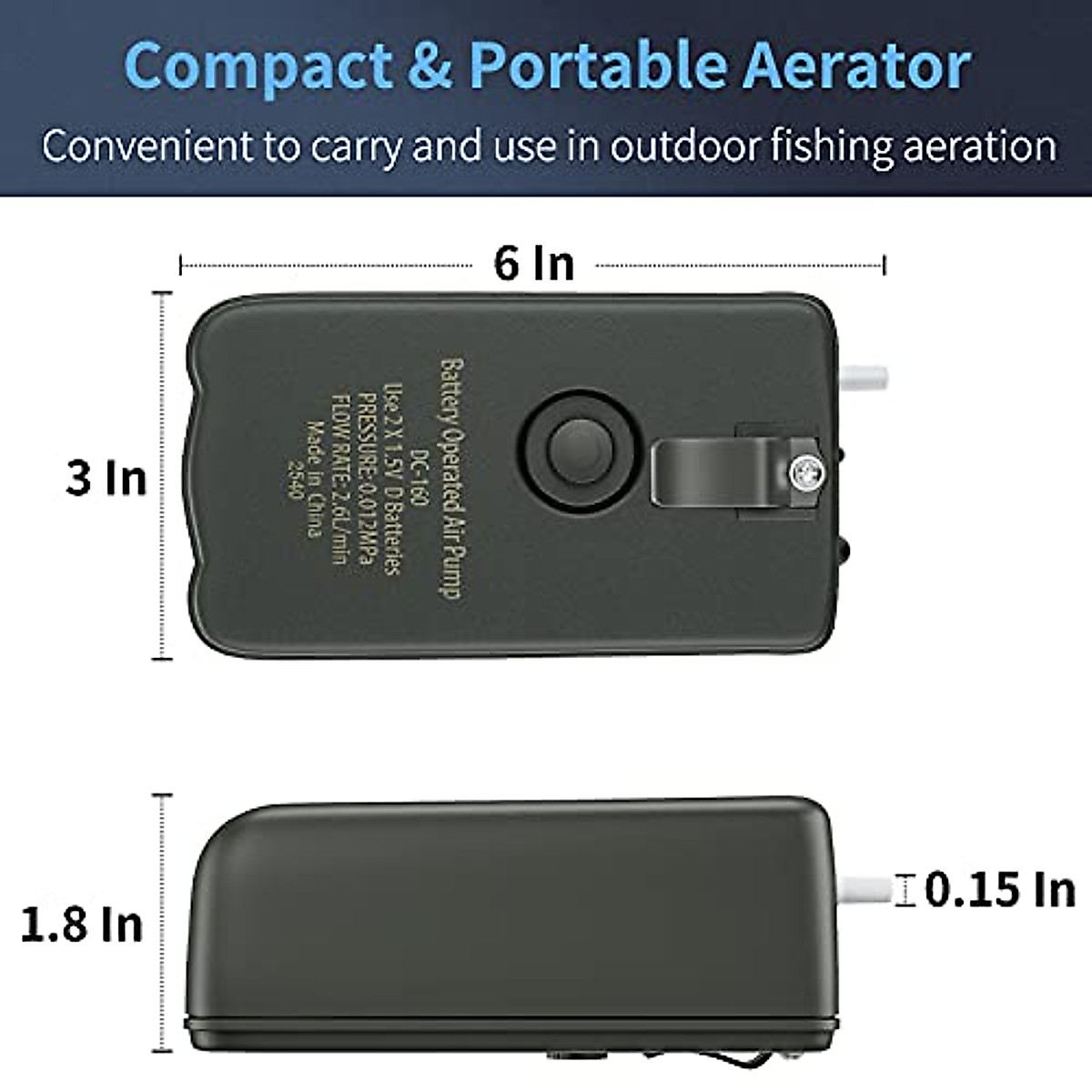 Uniclife Aquarium Air Pump Battery-Operated with Air Stone and Airline Tubing Portable Outdoor Fishing Oxygen Pump for 30 Gallon Fish Tank