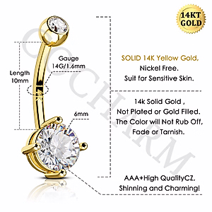 COCHARM 14K Solid Gold Belly Button Rings for Women Yellow Gold Belly Rings 14k Gold Cute Clear CZ Belly Navel Piercing Jewelry