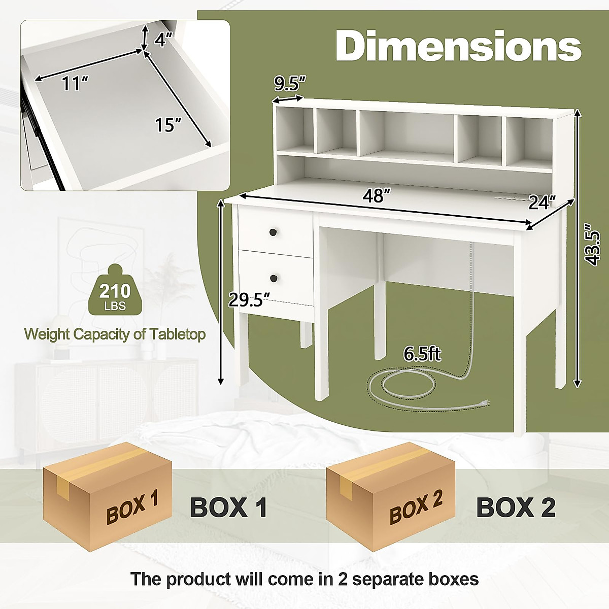 GLOBALWAY48” Computer Desk, Study Writing Desk with 5-Cube Hutch, 2 Drawers & Charging Station, Home Office Workstation for Living Room, Study & Bedroom, White