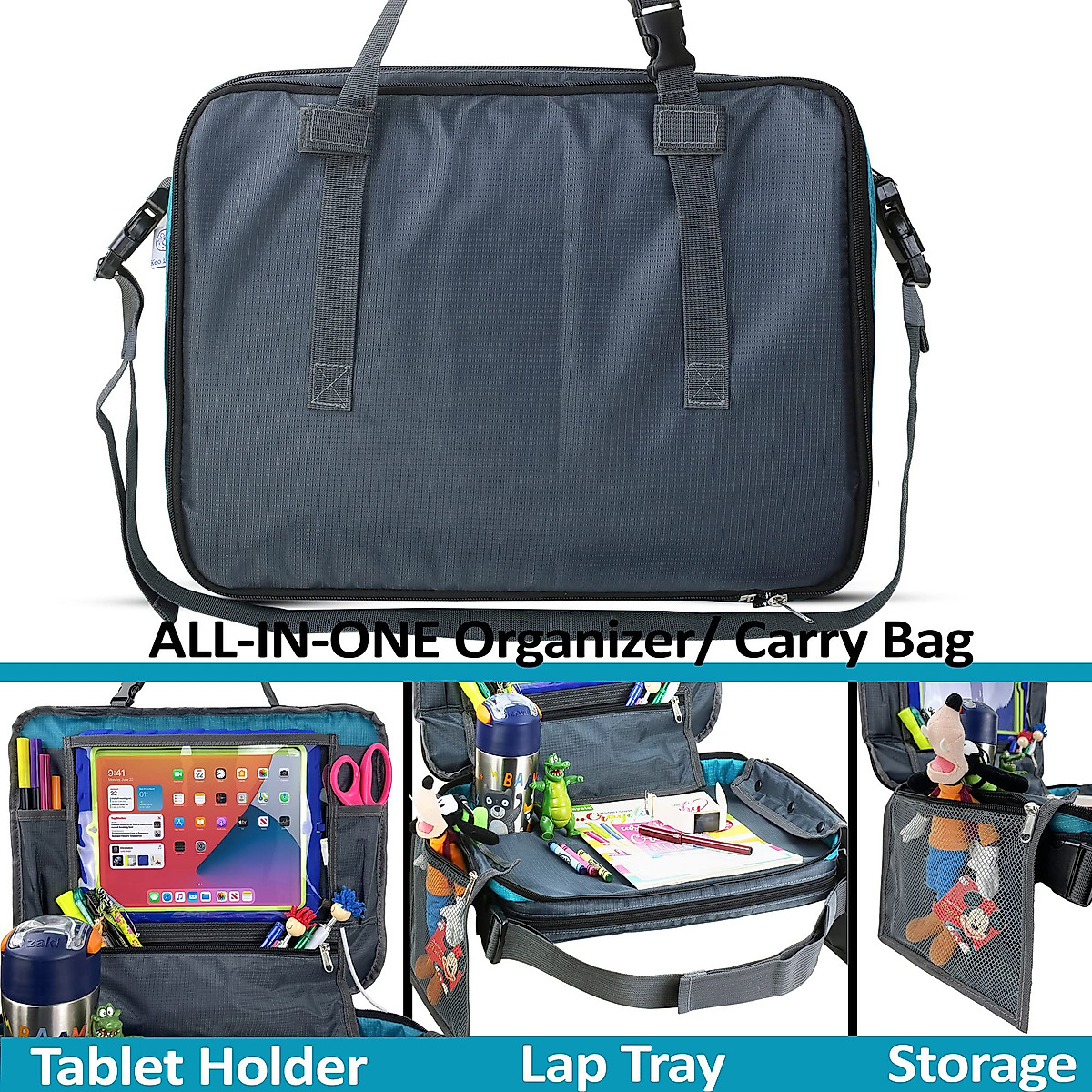 KeolaKids Kids Car and Booster Seat Travel Tray Organizer with Detachable Top, Lap Tray, Updated Headrest Straps, Zippered Storage, Tablet holder with Charger Openings (Blue)