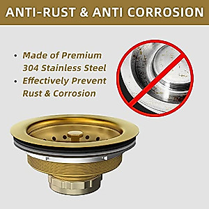 EXAKEY Kitchen Sink Drain Assembly Gold Sink Drain Strainer with Fixed Post 3-1/2 Inch Kitchen Drain with Strainer Basket and Drain Stopper for Standard Kitchen Sink Stainless Steel Brushed Gold