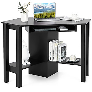 Tangkula Corner Desk with Keyboard Tray, Triangle Corner Computer Desk for Small Space, Bedroom Corner Makeup Vanity Desk with Storage Shelves, Space Saving Corner Writing Desk