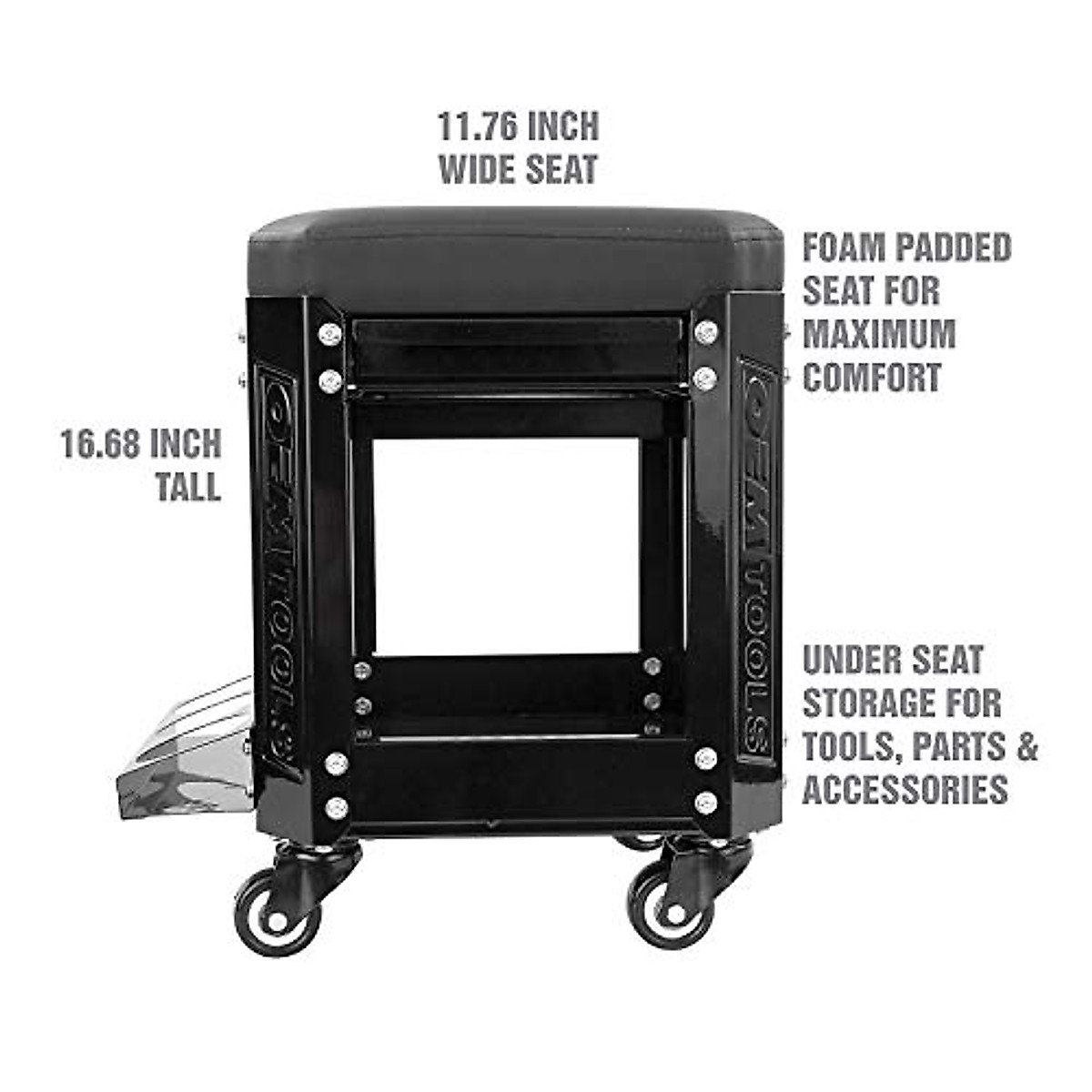 OEMTOOLS 24994 Workshop Creeper Seat, Rolling Stool with Tool Storage, Mechanic Stool for Garage Work, 280 lb Capacity