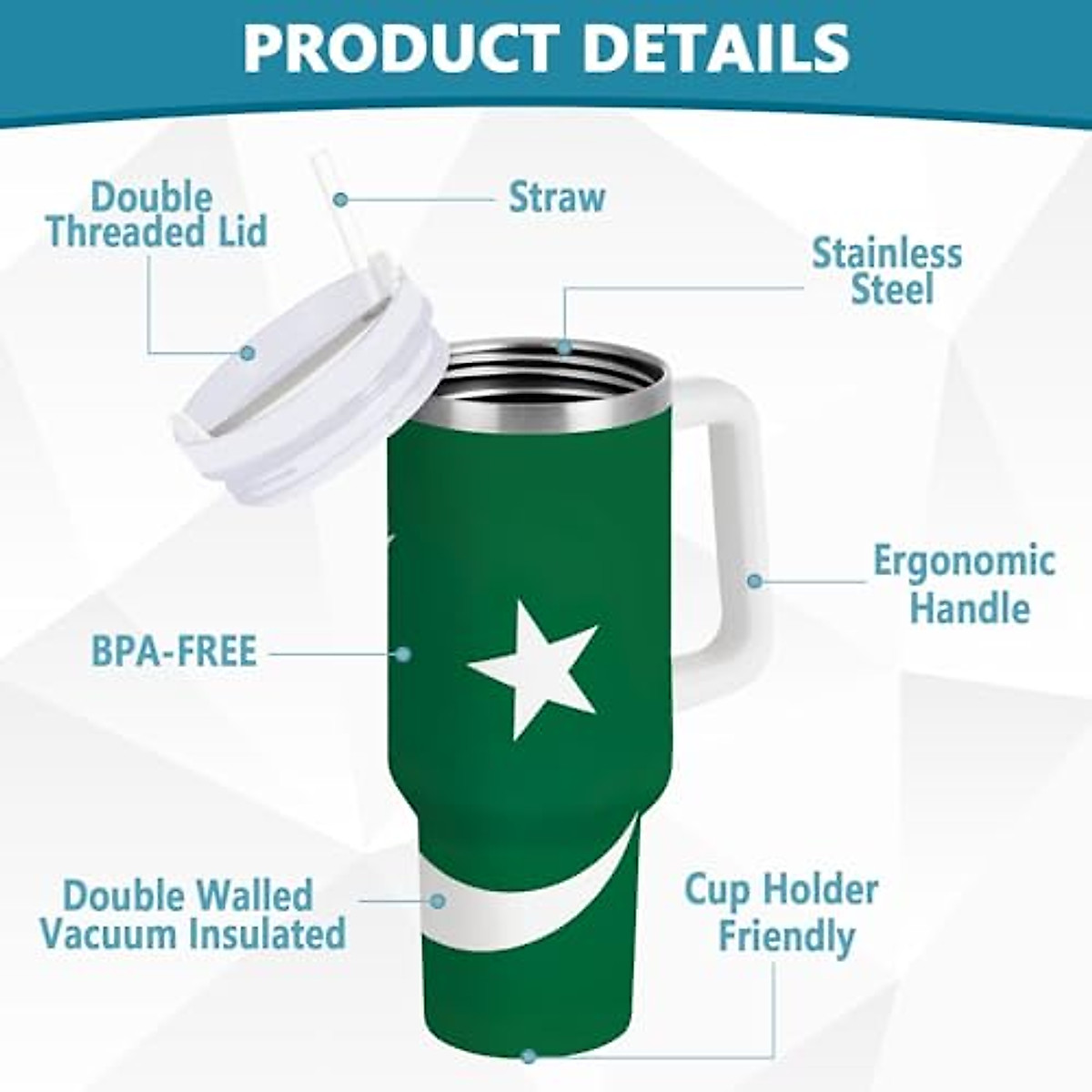 ODAWA 40oz Pakistan Flag Water Tumbler with Lid and Straw, 2 in 1 Lid Insulated Stainless Steel Vacuum Insulated Tumbler