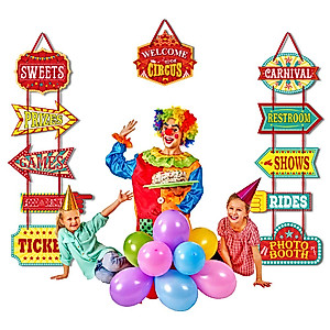 KATUMO Carnival Decorations, 11 Pcs Large Circus Carnival Signs Circus Theme Party Signs Carnival Party Supply Decor Paper Cutouts with Glue Point Dots and 2 Ropes