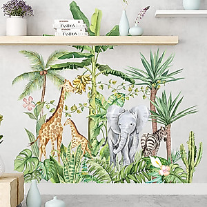 Runtoo Tropical Jungle Animal Wall Decals Giraffe Elephant Plants Wall Stickers Kids Room Bedroom Wall Decor