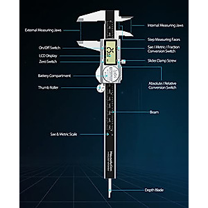 Housolution Digital Caliper, (ABS) Absolute Scale Caliper 6", IP54 Electronic Measuring Tool, Inch/MM/Fraction, Auto-Off LCD Stainless Steel Waterproof Micrometer Vernier Caliper, with Feeler Gauges