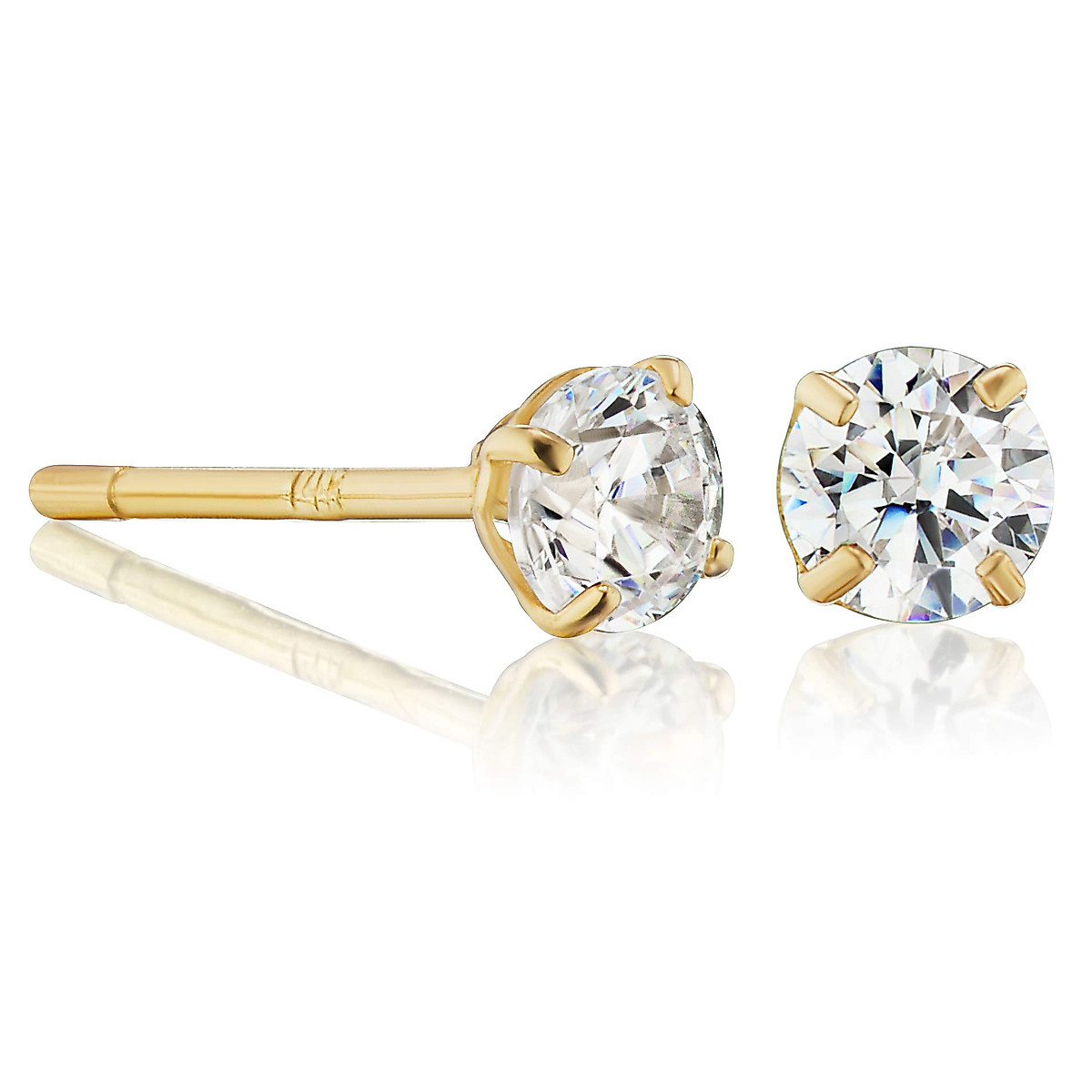 14k Gold Made with Cubic Zirconia Genuine Real 14 Karat Gold Solitaire Round Stud Earrings (3mm, Yellow Gold)