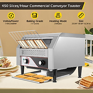 Dyna-Living Commercial Toaster 450 Slices/Hour Conveyor Toaster Heavy Duty Commercial Toaster for Restaurant 2600W Conveyor Belt Toaster Oven for Bagel Bread