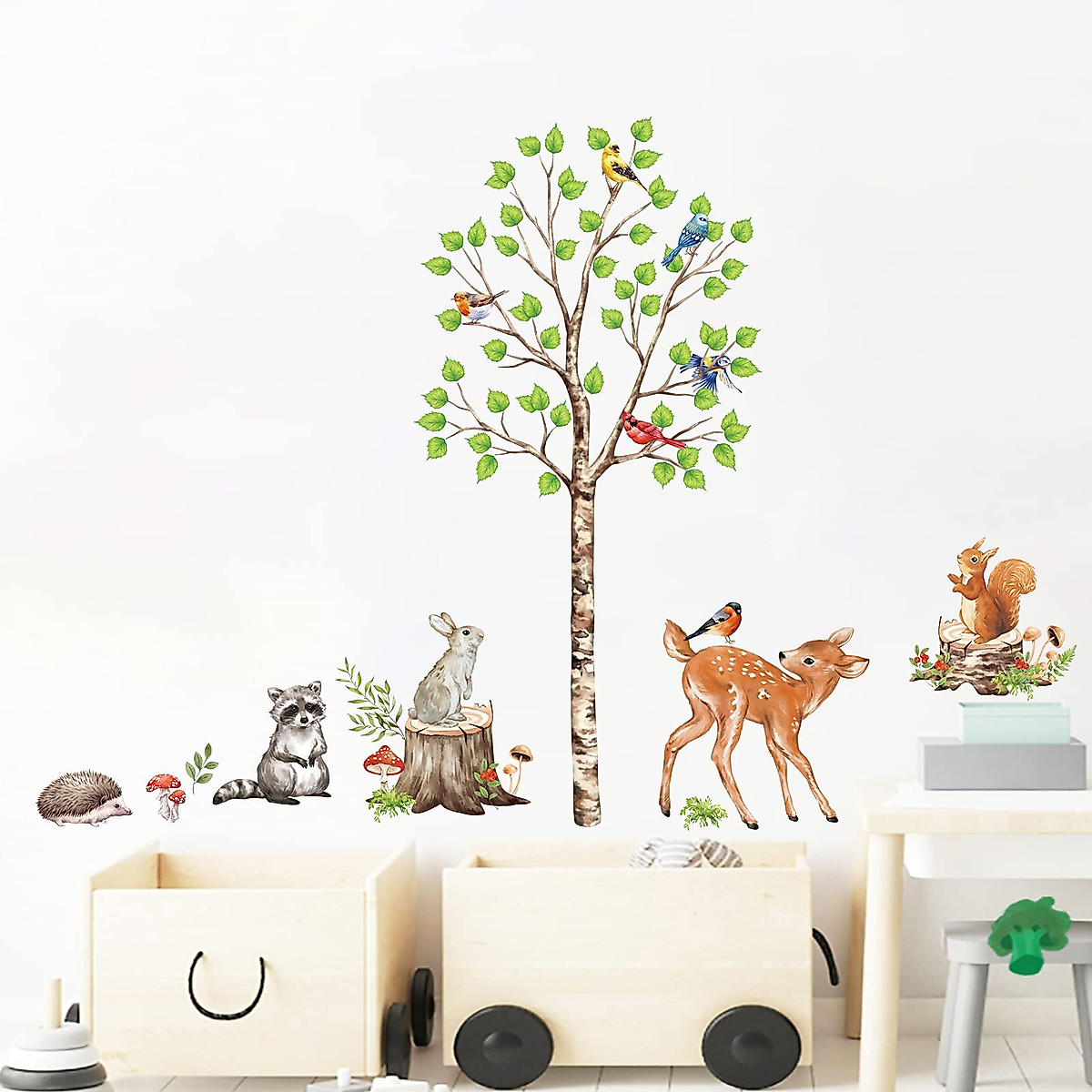 decalmile Woodland Animal Wall Decals Birch Tree Squirrel Deer Wall Stickers Baby Nursery Kids Bedroom Wall Decor(Tree Height: 34Inches)