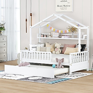 House Bed with Trundle and Storage Shelves Kids Twin Size Montessori Bed with Fence Rails Wood Playhouse Tent Bed Frame for Girls Boys, White