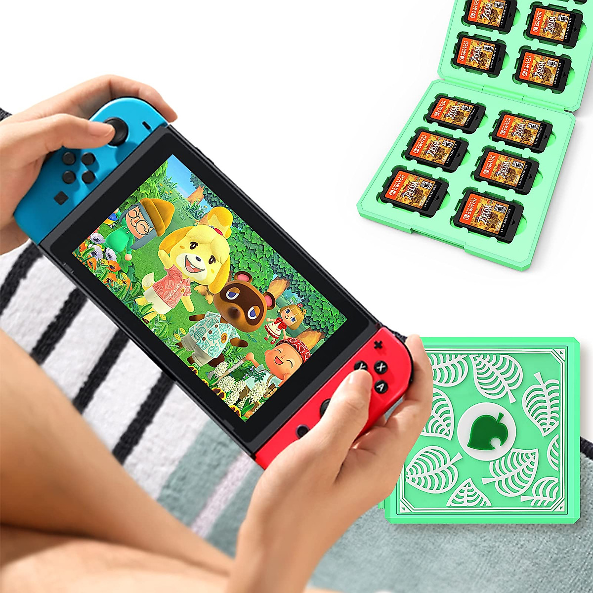 UFOPETIE 12 in 1 Game Card Case for Nintendo Switch Game Card ,Compatible with Nintendo Switch Case Animal Crossing Theme,Game Case for Animal Crossing Cards-Small Green Leaves-Thumb Grip 2PCS