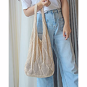 Stizimn Crochet Tote Bag for Women Shoulder Bag Handbags Knitting Hollow Hobo Bag Aesthetic Handmade Weaving Large Capacity (Diamond-shaped Hollow Beige)