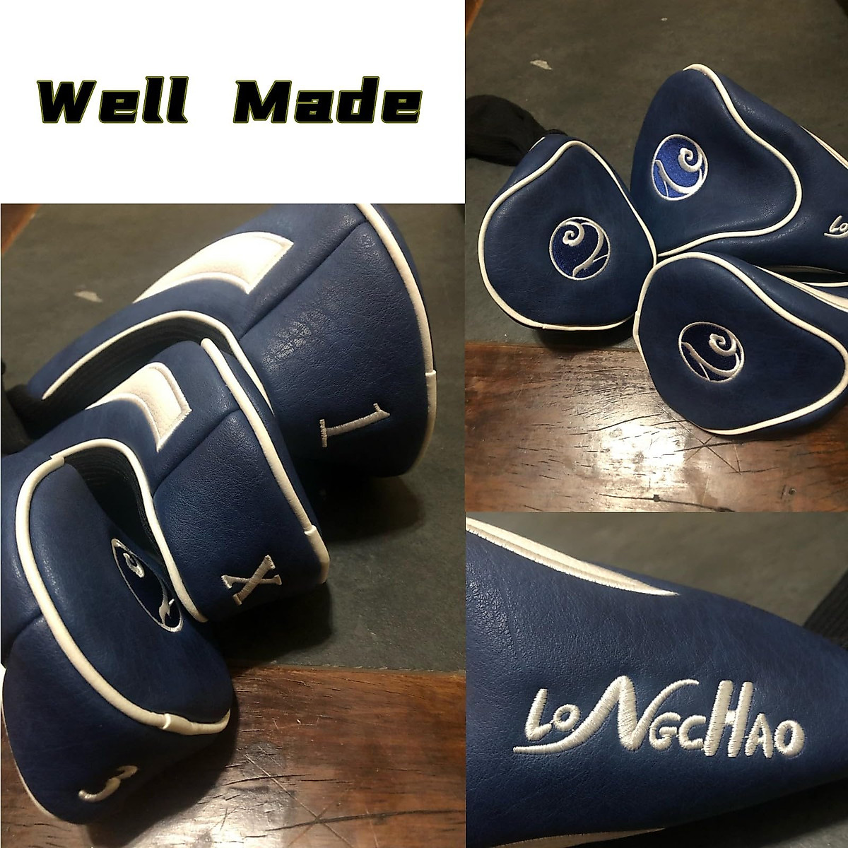 LONGCHAO Golf Head Covers 3pcs Set, Driver Fairway Wood Headcovers, Vintage PU Headcovers for Golf Club (golden-black)