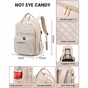 LOVEVOOK Laptop Backpack for Women, 15.6 Inch Computer Backpack for Teacher Nurse with Water Resistant, Lightweight Travel Work Backpack with USB Charging Port, Quilted Commuter Backpack purse, Beige